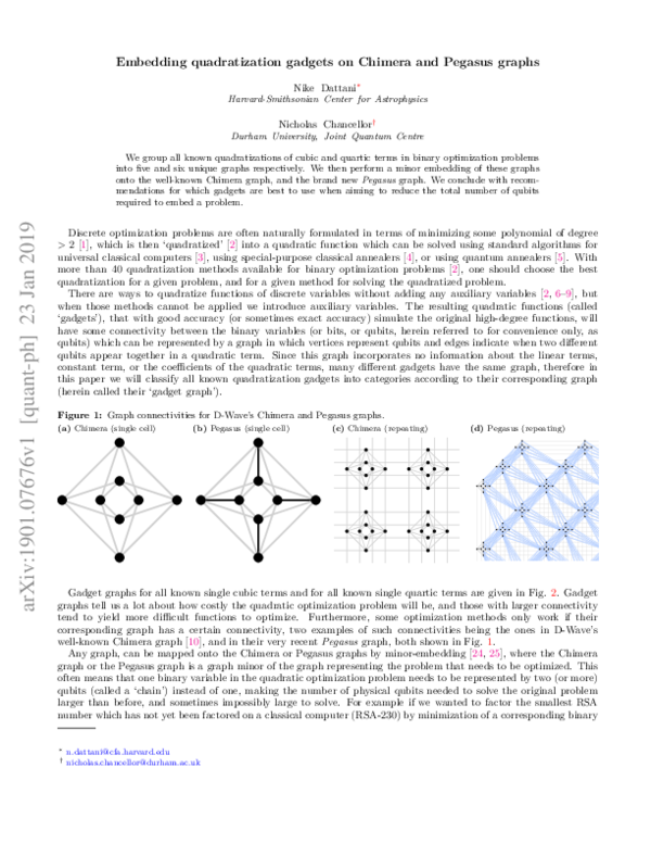 (PDF) Embedding quadratization gadgets on Chimera and Pegasus graphs
