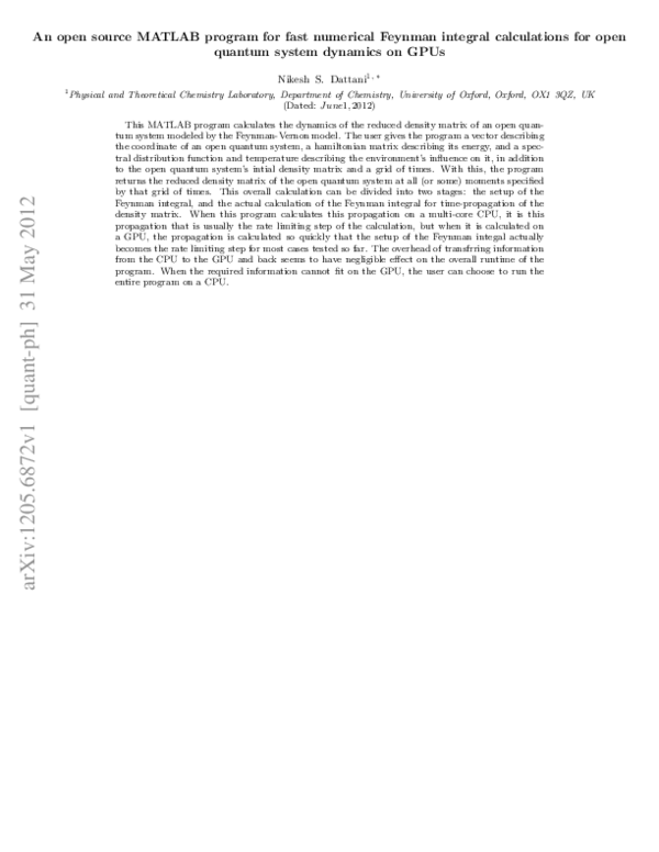 (PDF) FeynDyn: A MATLAB program for fast numerical Feynman integral calculations for open ...