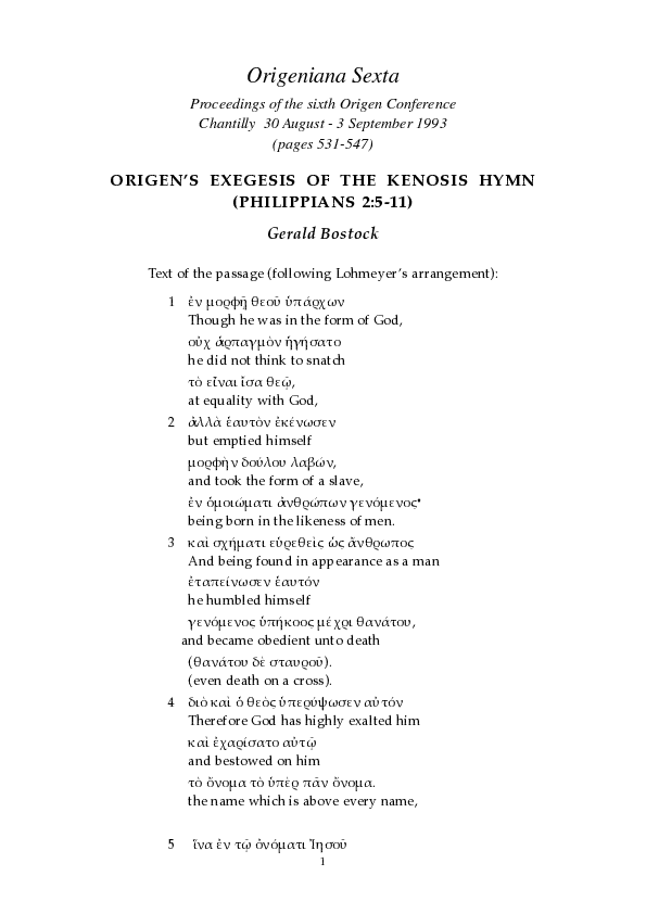 (PDF) Origen's Exegesis of the Kenosis Hymn (Philippians 2:5-11)