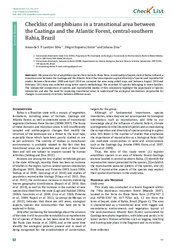 (PDF) Checklist of amphibians in a transitional area between the ...