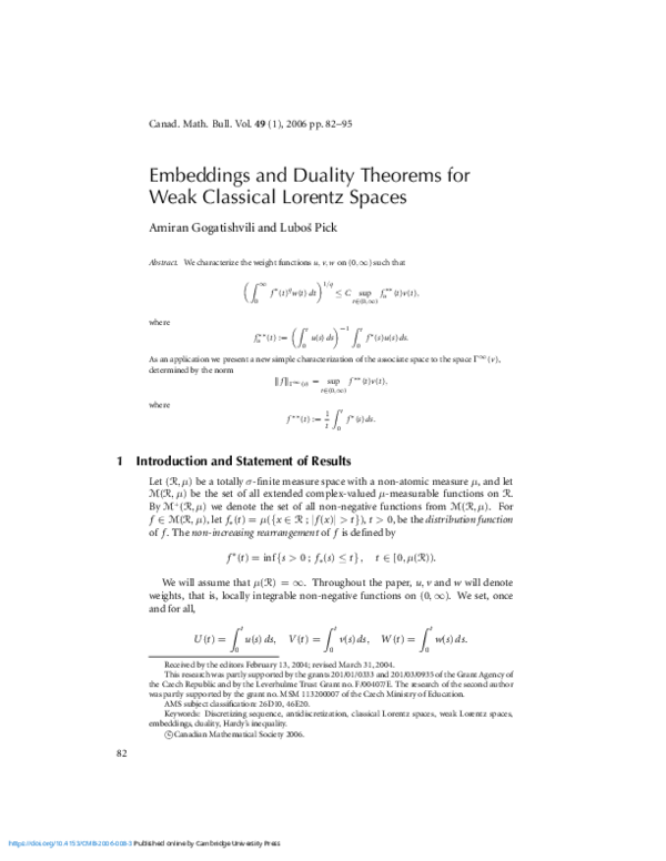 (PDF) Embeddings and Duality Theorems for Weak Classical Lorentz Spaces