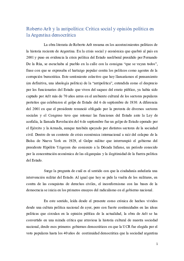 (DOC) Roberto Arlt y la antipolítica: Crítica social y opinión política ...
