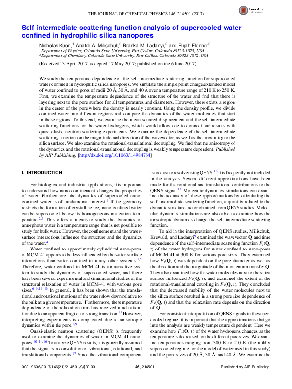 (PDF) Self-intermediate scattering function analysis of supercooled water confined in ...