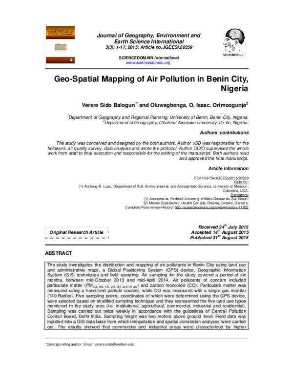 (PDF) Geo-Spatial Mapping of Air Pollution in Benin City, Nigeria