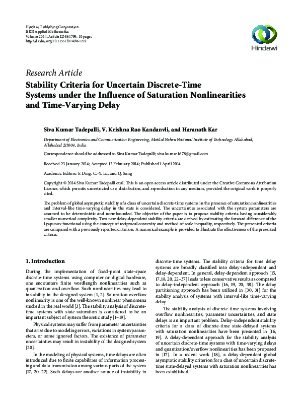 (PDF) Stability criteria for uncertain discrete-time systems under the influence of saturation ...