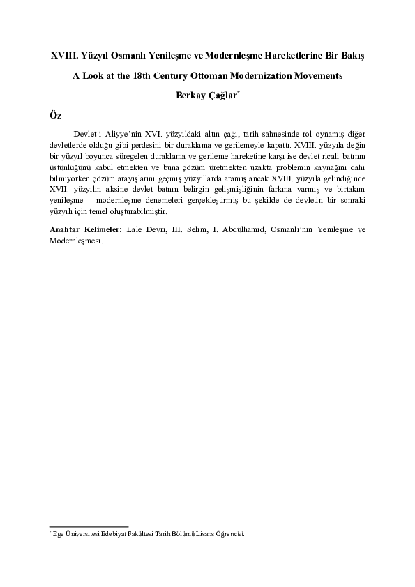 (DOC) XVIII. Yüzyıl Osmanlı Modernleşme Hareketlerine Bir Bakış - A ...