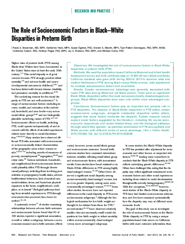 (PDF) The Role of Socioeconomic Factors in Black–White Disparities in Preterm Birth