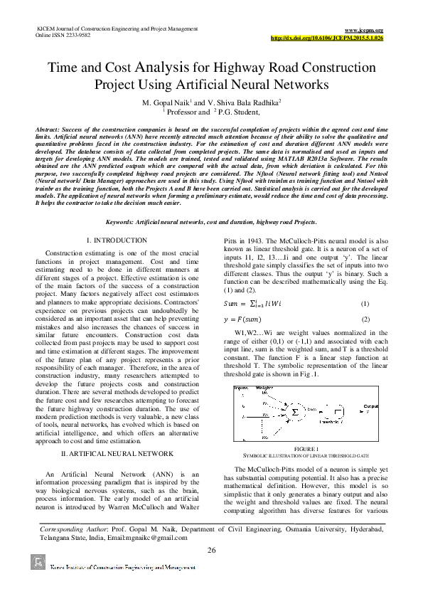 (PDF) Time and Cost Analysis for Highway Road Construction Project Using Artificial Neural Networks