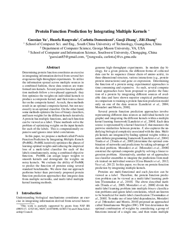 (PDF) Protein function prediction by integrating multiple kernels