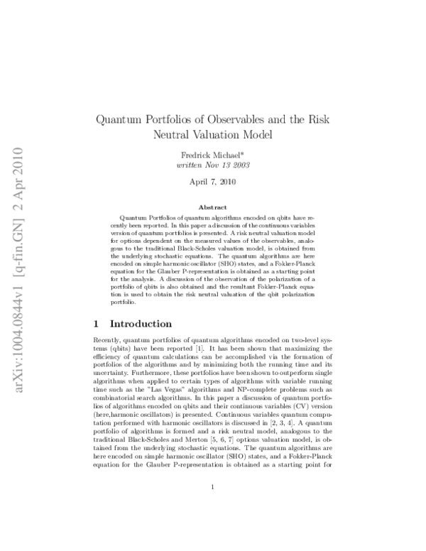 (PDF) Quantum Portfolios of Observables and the Risk Neutral Valuation ...