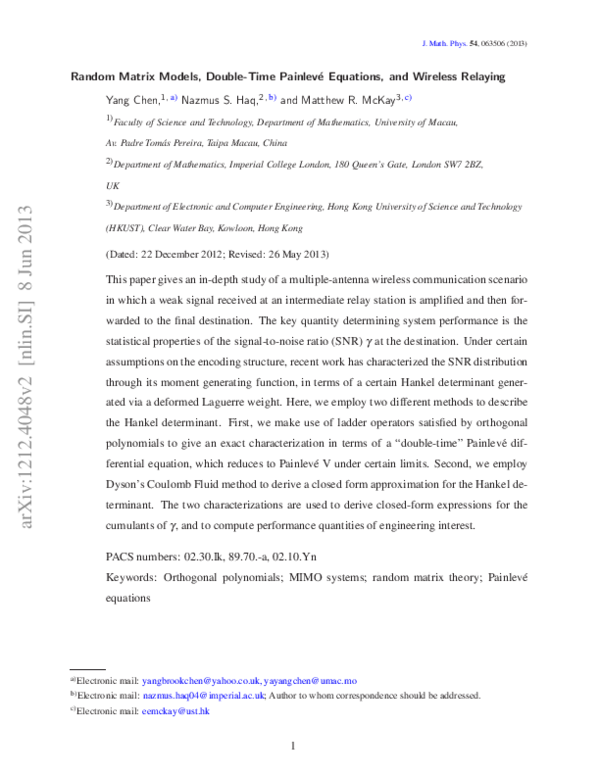 (PDF) Random matrix models, double-time Painlevé equations, and wireless relaying