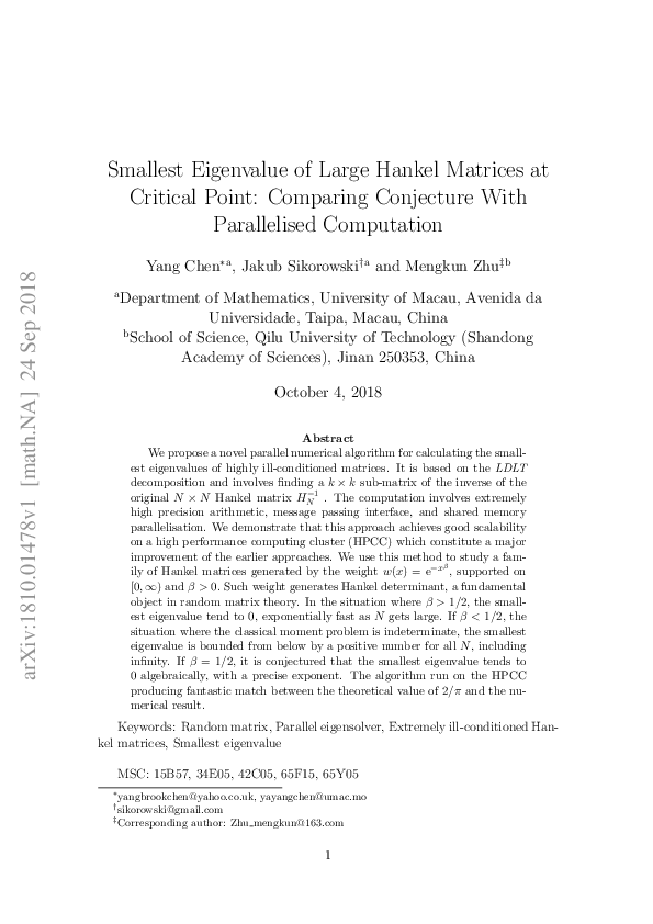 Pdf Smallest Eigenvalue Of Large Hankel Matrices At Critical Point Comparing Conjecture With