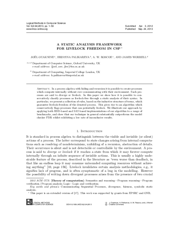 (PDF) A Static Analysis Framework for Livelock Freedom in CSP