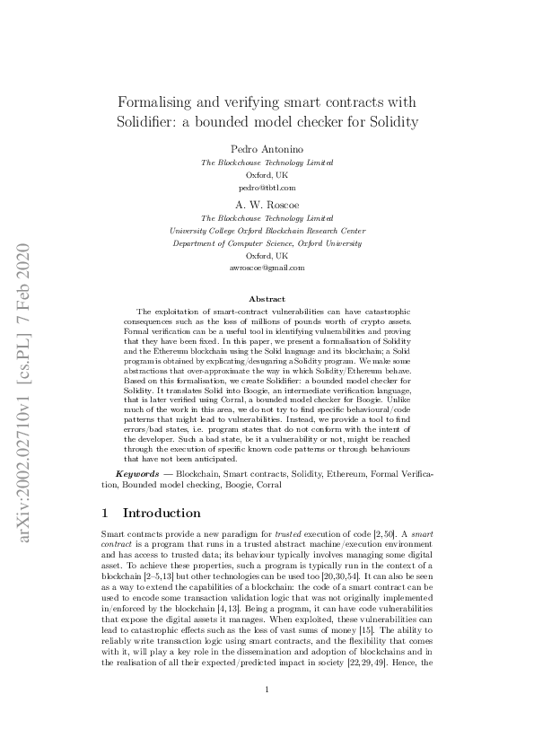 (PDF) Verifying Smart Contracts with Solidifier and Bounded Model Checking