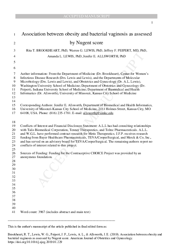 (PDF) Association between obesity and bacterial vaginosis as assessed ...