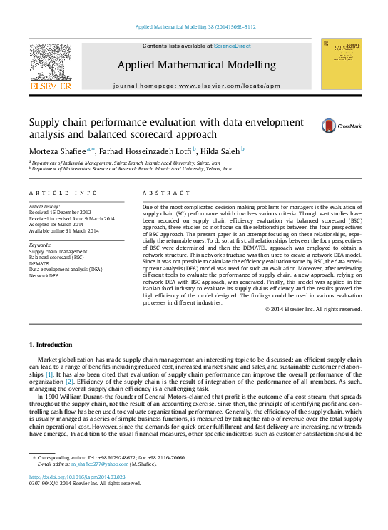 (PDF) Supply chain performance evaluation with data envelopment analysis and balanced scorecard ...