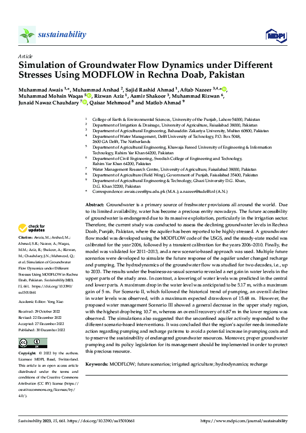 (PDF) Simulation of Groundwater Flow Dynamics under Different Stresses Using MODFLOW in Rechna ...