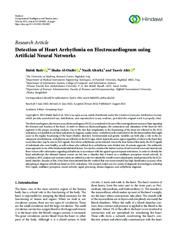 (PDF) Detection of Heart Arrhythmia on Electrocardiogram using ...