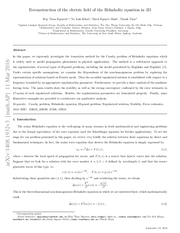 (PDF) Reconstruction of the electric field of the Helmholtz equation in three dimensions