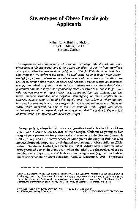 (PDF) Stereotypes of Obese Female Job Applicants | Esther Rothblum Ph ...