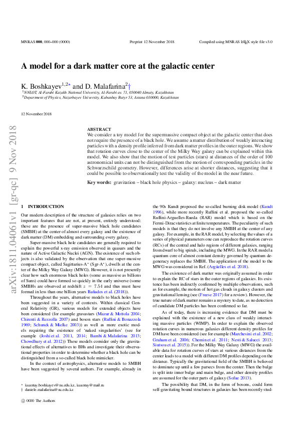(PDF) A model for a dark matter core at the galactic center