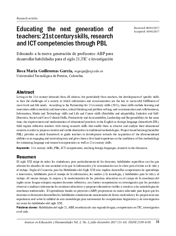 (PDF) Educating the next generation of teachers: 21st century skills, research and ICT ...
