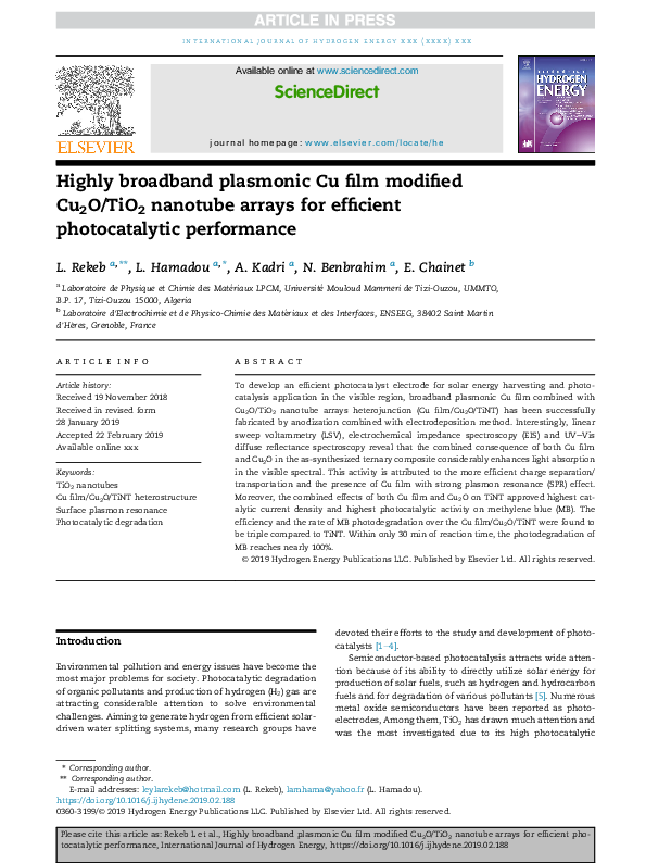 (PDF) Highly broadband plasmonic Cu film modified Cu2O/TiO2 nanotube arrays for efficient ...