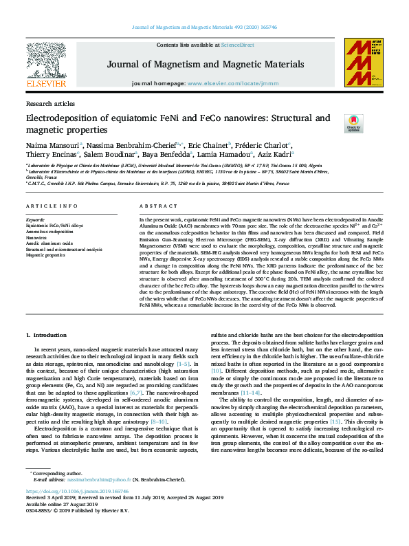 (PDF) Electrodeposition of equiatomic FeNi and FeCo nanowires: Structural and magnetic properties
