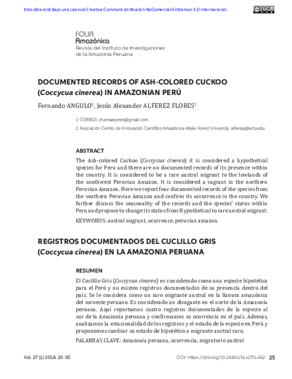 (PDF) DOCUMENTED RECORDS OF ASH-COLORED CUCKOO (Coccycua cinerea) IN ...