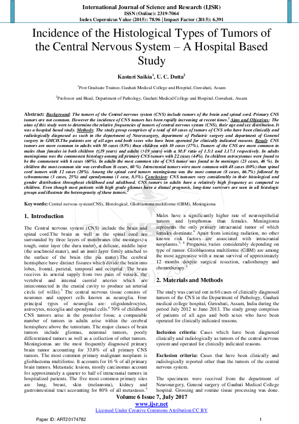 (PDF) Incidence of the Histological Types of Tumors of the Central Nervous System