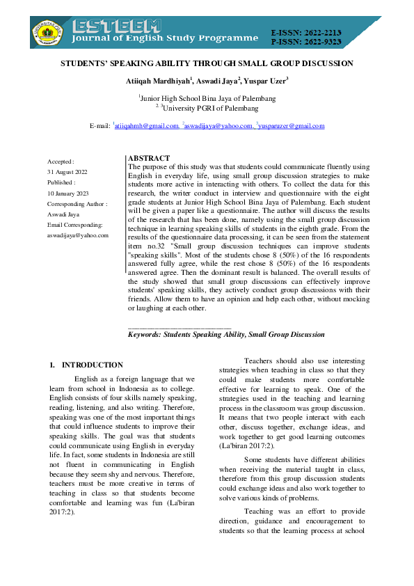 (PDF) Students' Speaking Ability Through Small Group Discussion