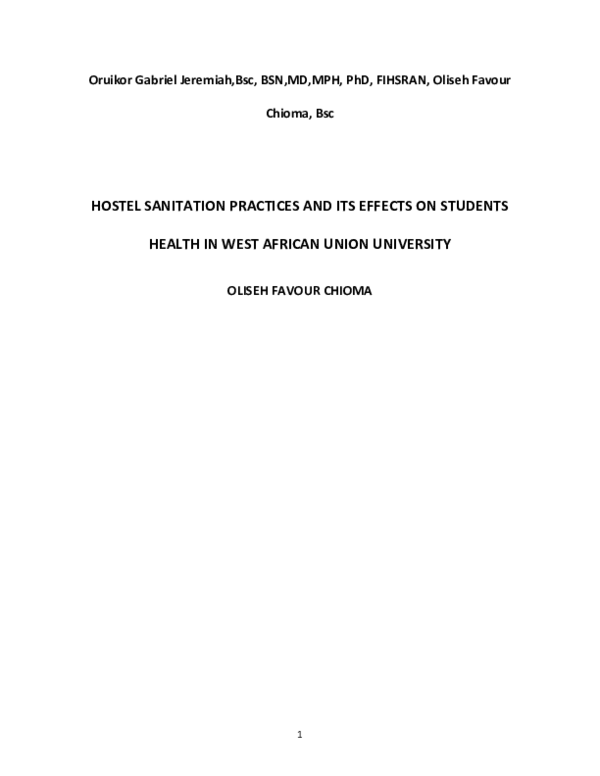 (DOC) HOSTEL SANITATION PRACTICES AND ITS EFFECTS ON STUDENTS HEALTH