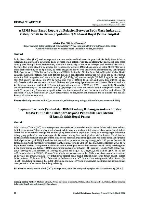 (PDF) A REMS Scan-Based Report on Relation Between Body Mass Index and Osteoporosis in Urban ...
