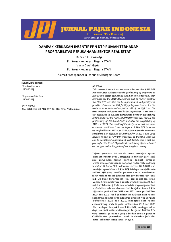 (PDF) Dampak Kebijakan Insentif PPN DTP Rumah Terhadap Profitabilitas ...