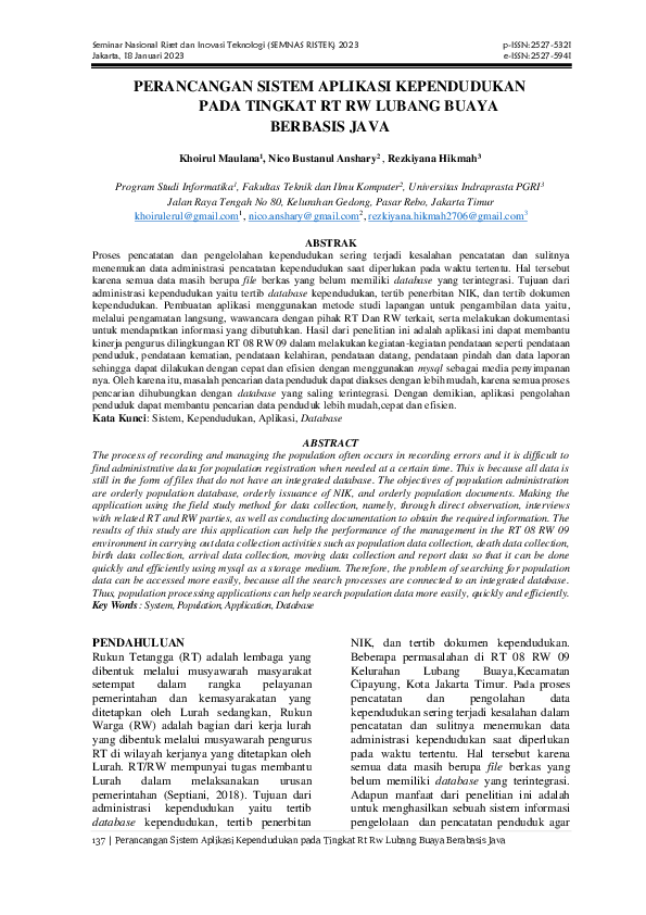 (PDF) Perancangan Sistem Aplikasi Kependudukan Pada Tingkat RT RW Lubang Buaya Berbasis Java