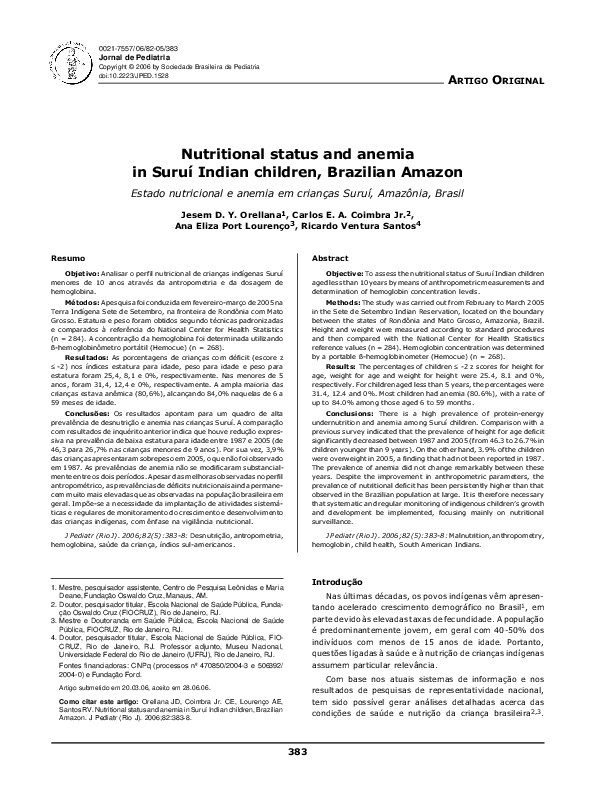 (PDF) Nutritional status and anemia in Suruí Indian children, Brazilian ...