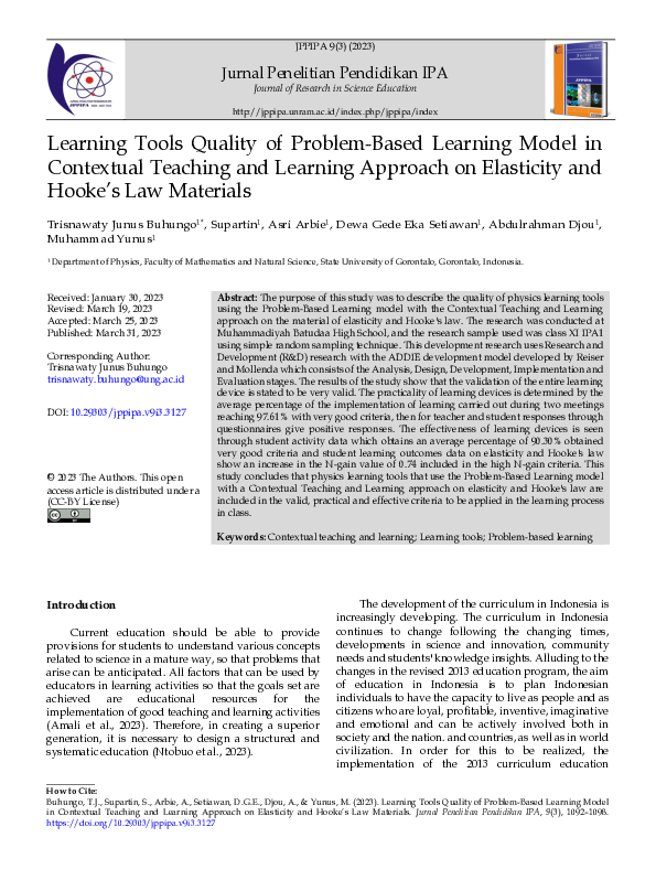 (PDF) Learning Tools Quality of Problem-Based Learning Model in Contextual Teaching and Learning ...