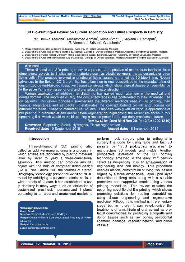 (PDF) 3D Bio-Printing-A review on current application and future ...