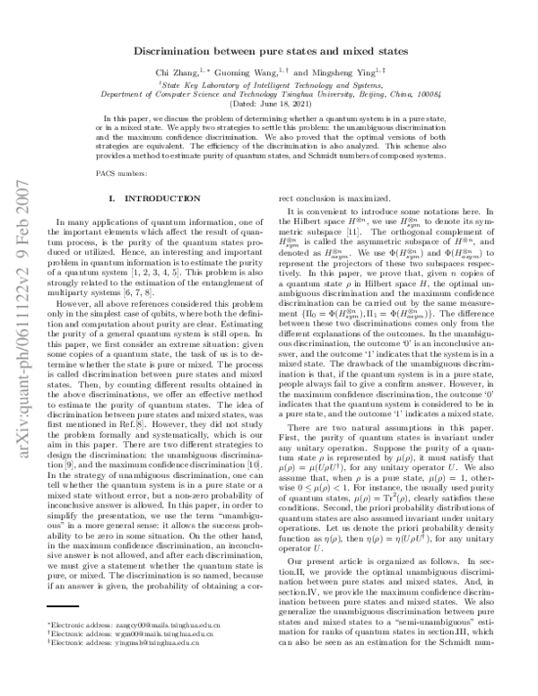 (PDF) Discrimination between pure states and mixed states