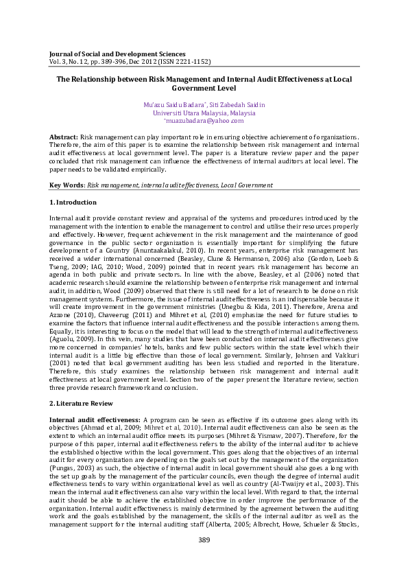 (PDF) The Relationship between Risk Management and Internal Audit Effectiveness at Local ...