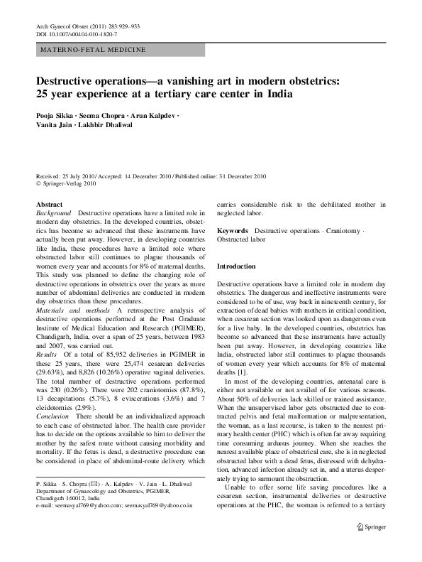 Destructive operations—a vanishing art in modern obstetrics: 25 year ...