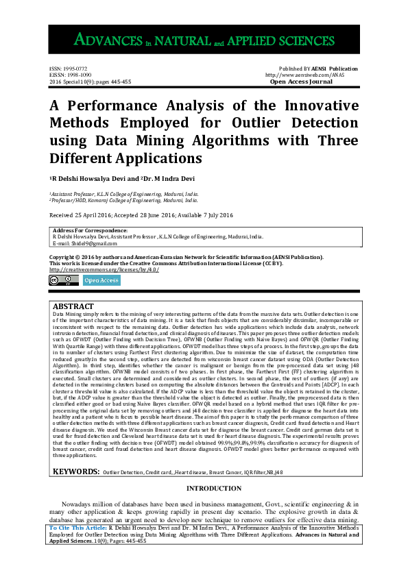 Pdf A Performance Analysis Of The Innovative Methods Employed For Outlier Detection Using Data