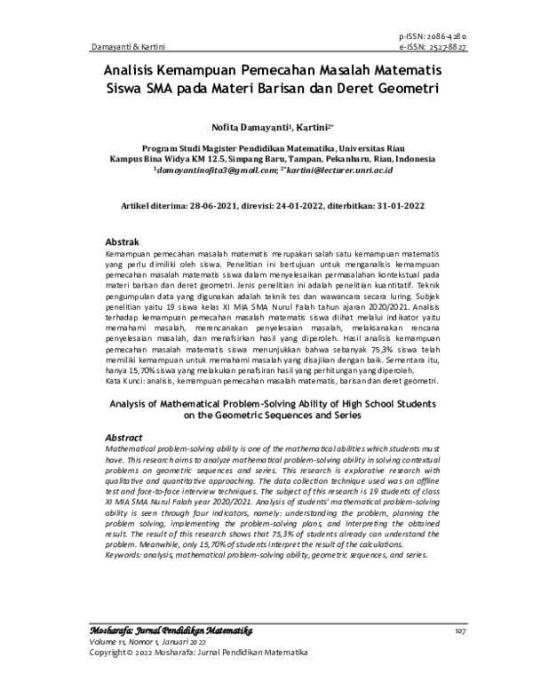 (PDF) Analisis Kemampuan Pemecahan Masalah Matematis Siswa SMA pada Materi Barisan dan Deret ...