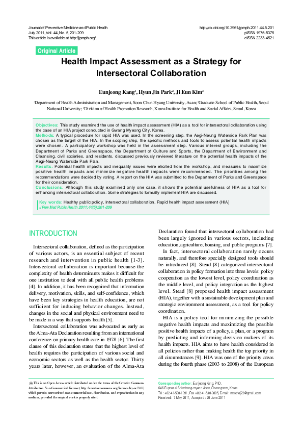 (PDF) Health Impact Assessment as a Strategy for Intersectoral ...