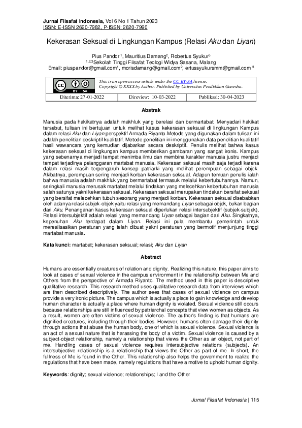 (PDF) Kekerasan Seksual DI Lingkungan Kampus (Relasi Aku Dan Liyan Armada Riyanto) | Pius Pandor ...
