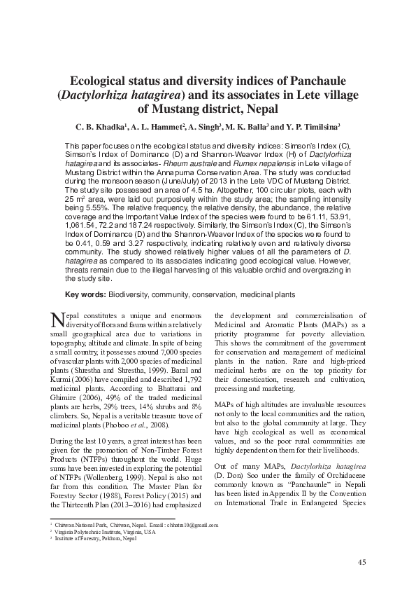 (PDF) Ecological status and diversity indices of Panchaule ...