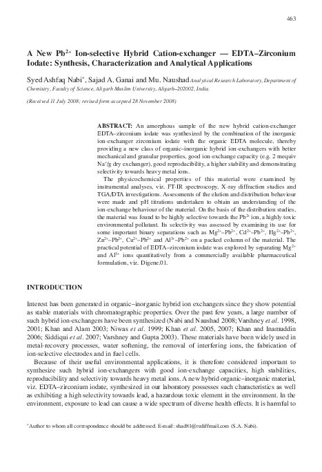 (PDF) A New Pb2+ Ion-selective Hybrid Cation-exchanger — EDTA–Zirconium ...