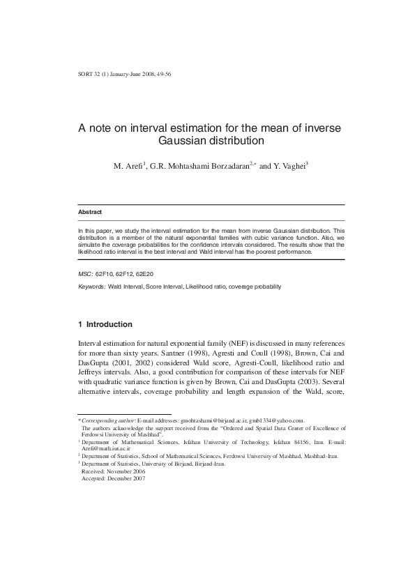 (PDF) A note on interval estimation for the mean of inverse Gaussian distribution