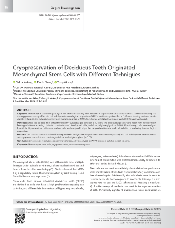 (PDF) Cryopreservation of Deciduous Teeth Originated Mesenchymal Stem ...