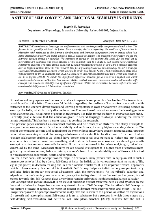 (PDF) A Study of Self-Concept and Emotional Stability in Students